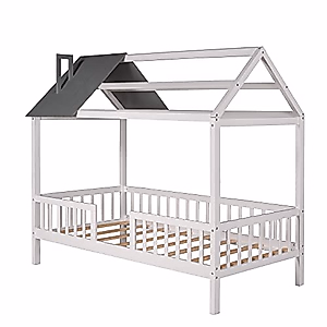 LostCat Twin Kids House Bed, Twin Size Bed House Wood Montessori House Bed Frame with Fence and Rails, House Bed Kids Montessori Beds Playhouse Tent Bed, Wood Platform Bed Frame, Grey