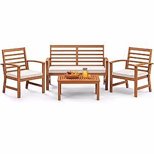 Tangkula 4 Pieces Outdoor Furniture Set, Acacia Wood Conversation Set w/Soft Seat Cushions, Stable Acacia Wood Frame, Patio Sofa & Coffee Table Set for Backyard, Porch, Poolside (White)
