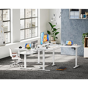 AODK Electric L-Shaped Standing Desk, Height Adjustable Office Desk with Monitor Stand, Sit-Stand Desk with Power Outlets, Large Lift Table for Home, Office, Workstation, White