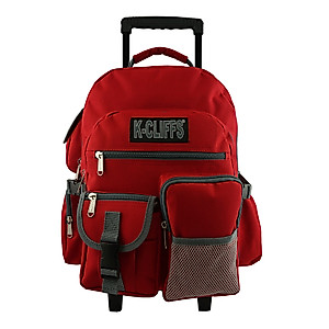 K-Cliffs Rolling Backpack Deluxe Wheeled Daypack School Student Bookbag with Wheels | Red