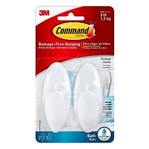 Command Bath Medium Hooks, 3 lb Capacity, 2-Hooks, 2-Strips, Organize Damage-Free