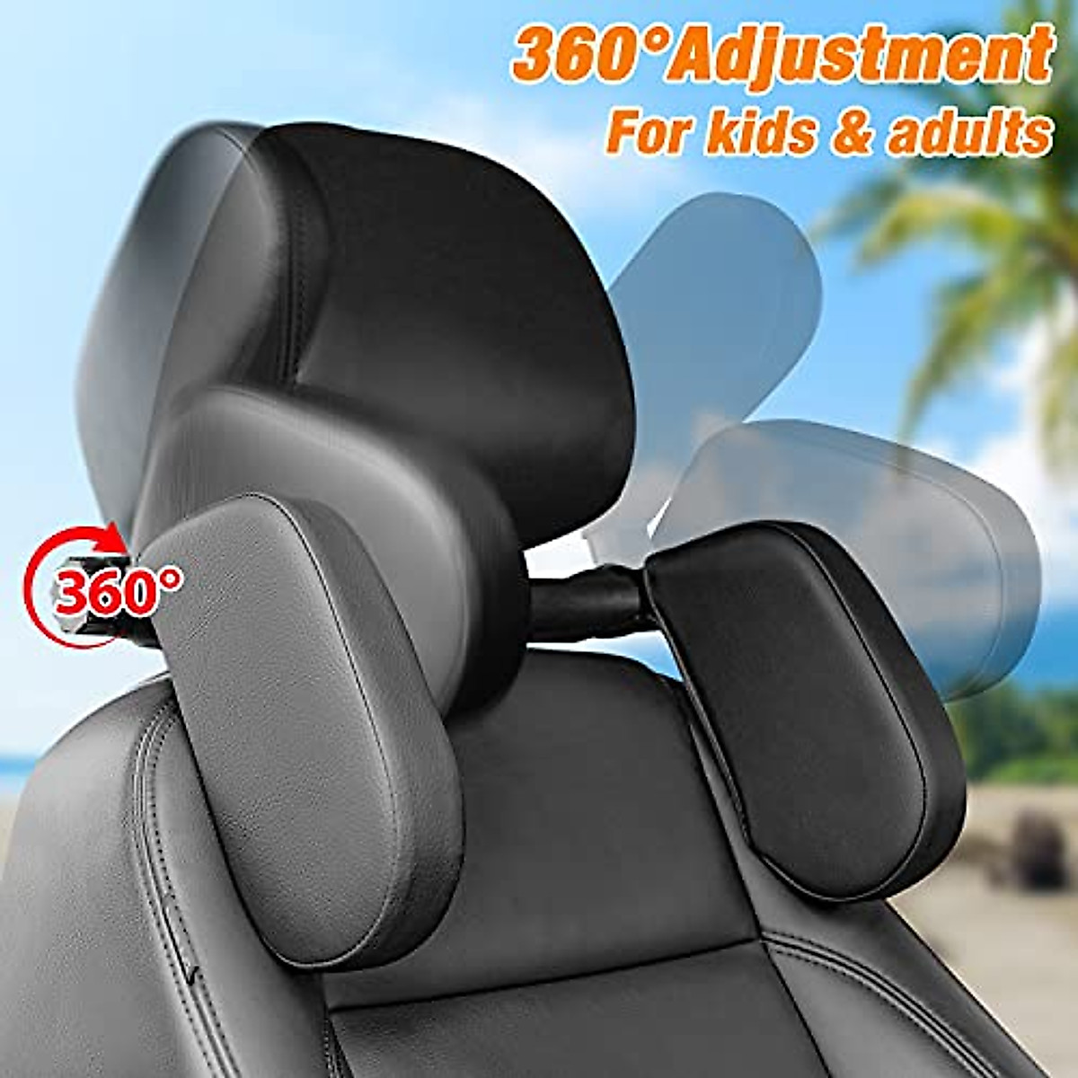 JZCreater Car Headrest Pillow, 360° Adjustable Sleeping Headrest for Car Seat, U Shape Head Neck Support Rest Pillows for Kids Adults Travel, Black