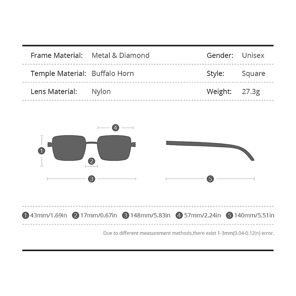 HEPIDEM 100% Really Buffalo Horn Sunglasses for Men Rimless Square Diamonds Buffs Sun Glasses 0015 (Diamond Black Blue)