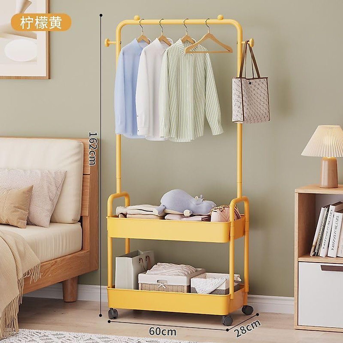 TGRNF 2 Tier Laundry Free Standing Clothing Racks for Hanging Clothes Kids Wardrobe Rack Small Organizer Rolling with Shelves for a Tiny Room Heavy Duty on Wheels Garment Portable Closet Yellow