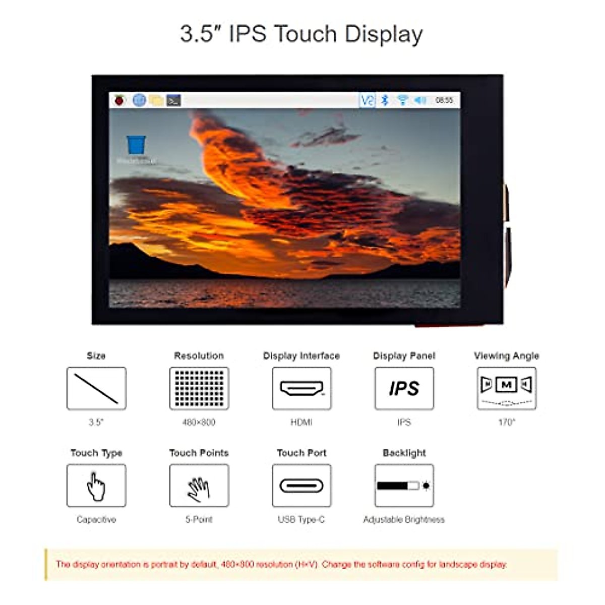 Coolwell 3.5 Inch LCD Display 3.5inch HDMI Touch Screen Touchscreen for Raspberry Pi 4B+ 4B 3B+ 3B 2B+ Zero W WH 2 W Jetson Nano PC 480x800 Adjustable Brightness IPS Display