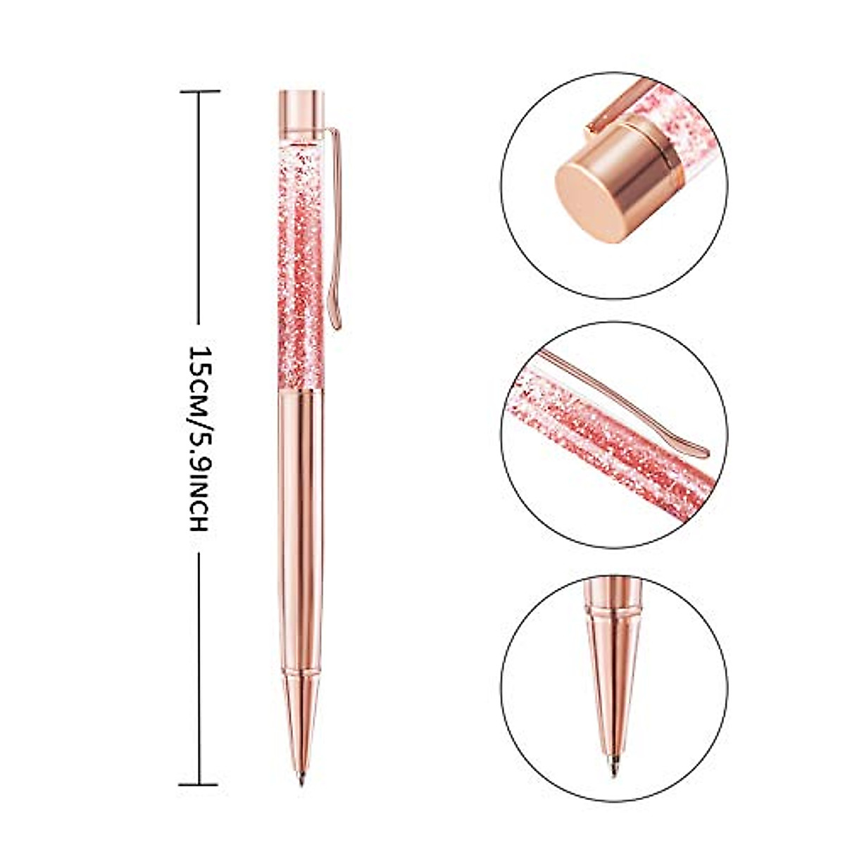 ZZTX 3 Pcs Rose Gold Ballpoint Pens Metal Pen Bling Dynamic Liquid Sand Pen with Refills Black Ink Office Supplies Gift Pens for Christmas Wedding Birthday, with 3 Pcs Velvet Gift Pouches