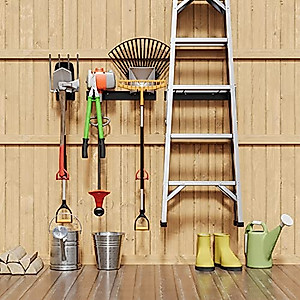 WIDEWHEEL Tool storage rack, garage wall mounted (with 6 hooks), heavy garden tool rack, can withstand 350 pounds, and can place brooms, mops, shovels, trimmers, water pipes, chairs, and More