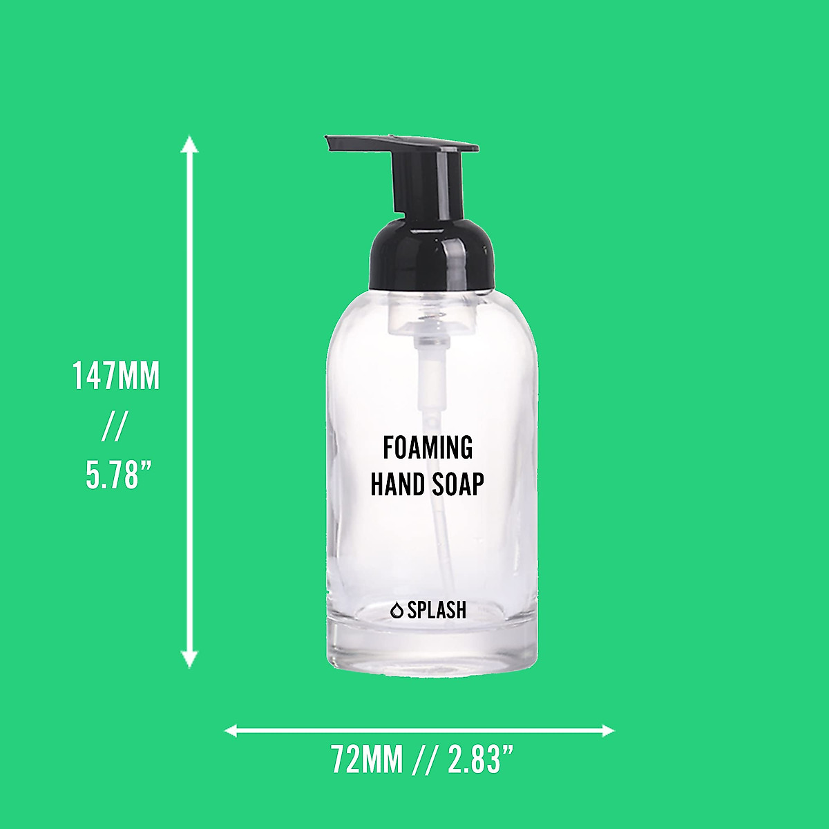 Splash | Glass Soap Dispenser with Foam Pump | Refillable Foaming Soap Dispenser for Bathroom Kitchen | 2 Pack 8 FL OZ (16oz Total) Clear Soap Dispenser | x6 Hand Soap Included