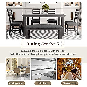 GLORHOME Piece Kitchen Dining Set for 6, Farmhouse Rustic Style Rectangular Wood Table and 4 Chairs 1 Bench with Padded Cushion for Family, Gray, Dark Grey