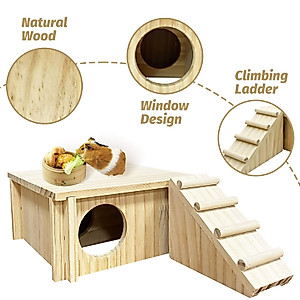 Hamster Wooden House with Ladder Small Animal Hideout Activity Platform Exercise Climbing Hut Natural Living Wood Room for Hamster Gerbil Mice Rat.
