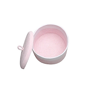 YUKIMOCOO S Size Pink Cotton Rope Basket with Lid Mini Woven Basket Cute Toy Storage Basket Towel Storage Little Organizer Pink Basket for Living Room Nursery Storage Basket Pink Basket for Girl