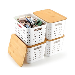 EOENVIVS Storage Bins With Lids Organization and Storage Containers with Bamboo Lids Storage Baskets Organizer for Shelves Drawers Desktop Bedroom Closet Playroom Classroom Office, Pack of 4