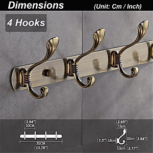 Flybath Coat Rack Wall Mount with 4 Hooks for Hanging Coat Hat Robe Towel Stainless Steel Antique Row Hook Rail, Brushed Bronze