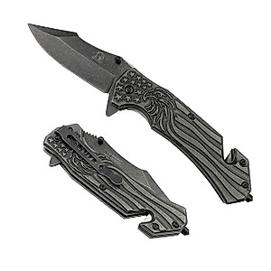 Falcon 8" U.S American Flag Eagle Engraved Assisted Open Tactical Stainless Steel Folding Clip Point Knife with Seatbelt Cutter and Glass Breaker