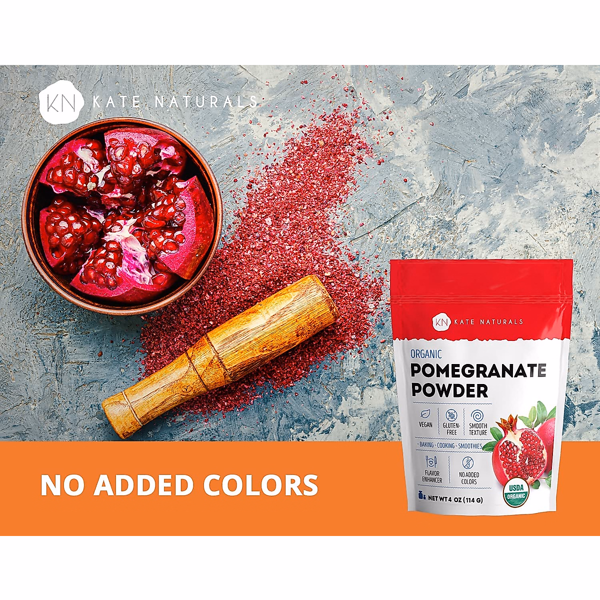 Kate Naturals Organic Pomegranate Juice Powder 4oz Natural Sweetener for Beverages and Meals. Contains Antioxidants. Resealable Bag.