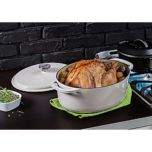 Lodge 7 Quart Enameled Cast Iron Oval Dutch Oven with Lid – Dual Handles – Oven Safe up to 500° F or on Stovetop - Use to Marinate, Cook, Bake, Refrigerate and Serve – Oyster White