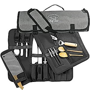 Chef Knife Roll Bag | 8+ Slots for Knives & Kitchen Tools | Water Resistant Knife Bag | Knife Carrying Case Only, Tools Not Included | Chef Knife Bag for Professional Chefs & Culinary Students (Grey)