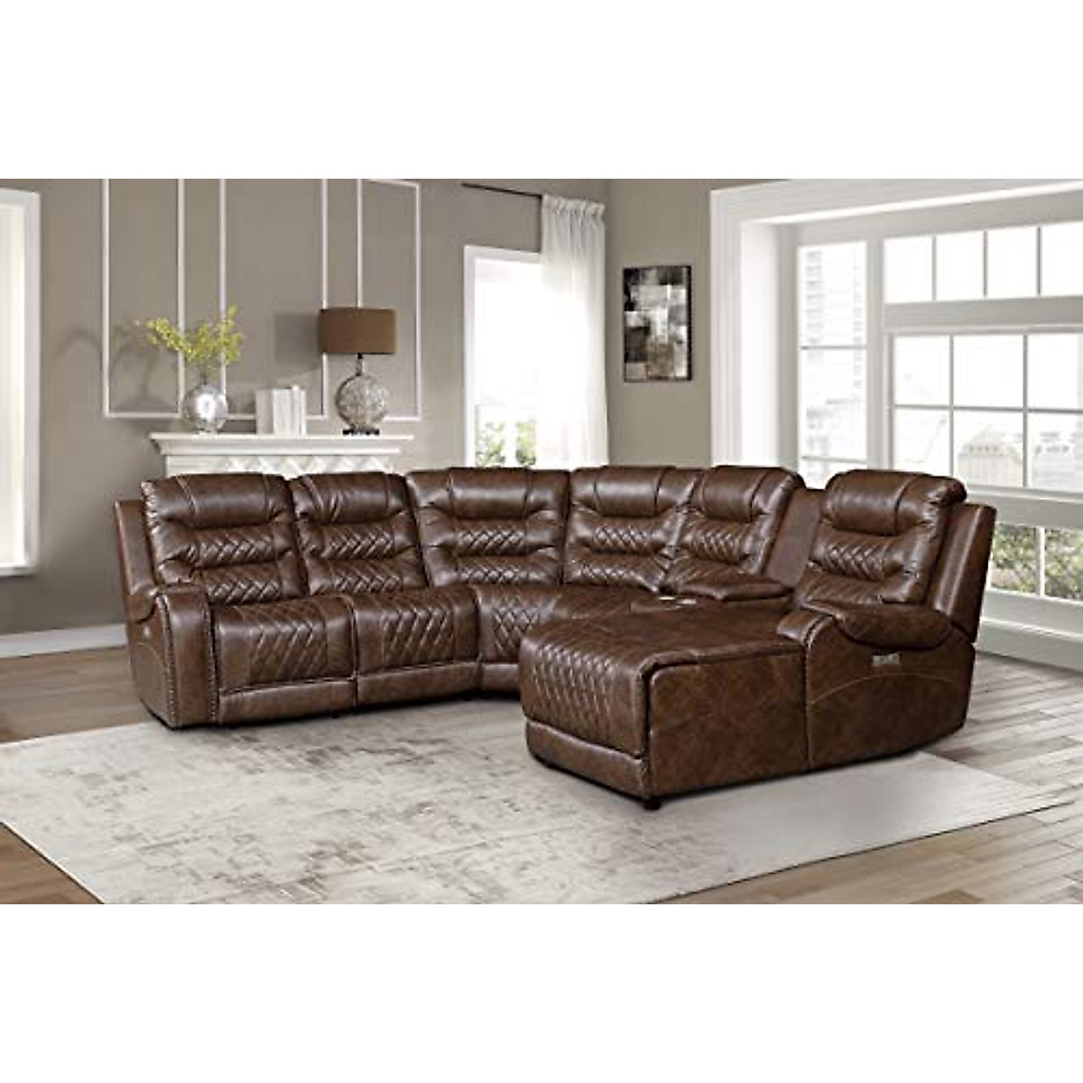 Lexicon Noura Modular Reclining Sectional Sofa, Right Chaise and Left Recliner (Power), Brown
