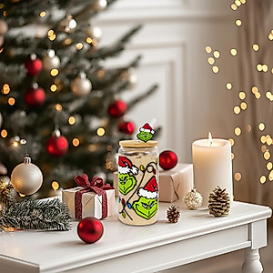 Joyseller Christmas Gifts, Christmas Iced Coffee Can Glass, 18oz Christmas Glass Cup with Lid and Straw, Xmas Tumbler Beer Can Glass, Christmas Decorations