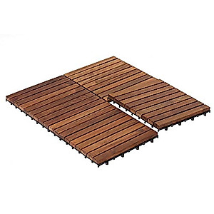 Bare Decor EZ-Floor Interlocking Flooring Tiles in Solid Teak Wood Oiled Finish (Set of 10), Long 9 Slat