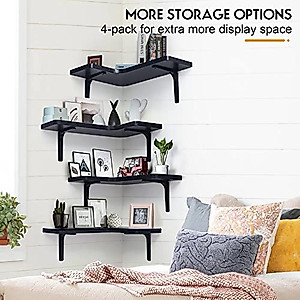 Corner Floating Shelves Set of 4 | Corner Wall Shelves | Wall Mounted Corner Storage Display Shelving for Bathroom, Bedroom, Living Room, Kitchen | 16" W x 11-2/5" D | L-Shaped, Matte Black