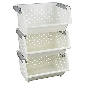 Dehouse 3-Pack Plastic Stacking Storage Organizer Basket, Stackable Basket, White