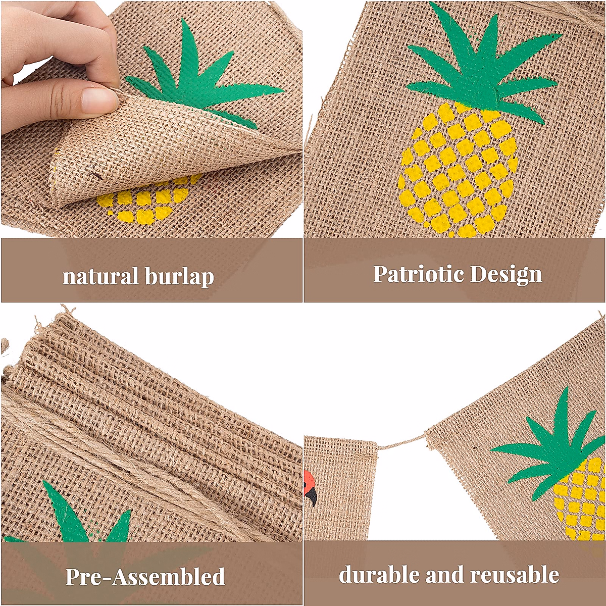 Whaline Hawaiian Aloha Burlap Banner Pineapple Flamingo Pattern Summer Garland Flag Pre-Assembled Tropical Theme Banner for Summer Beach Pool Barbecue Party Decoration Supplies, 2Pcs