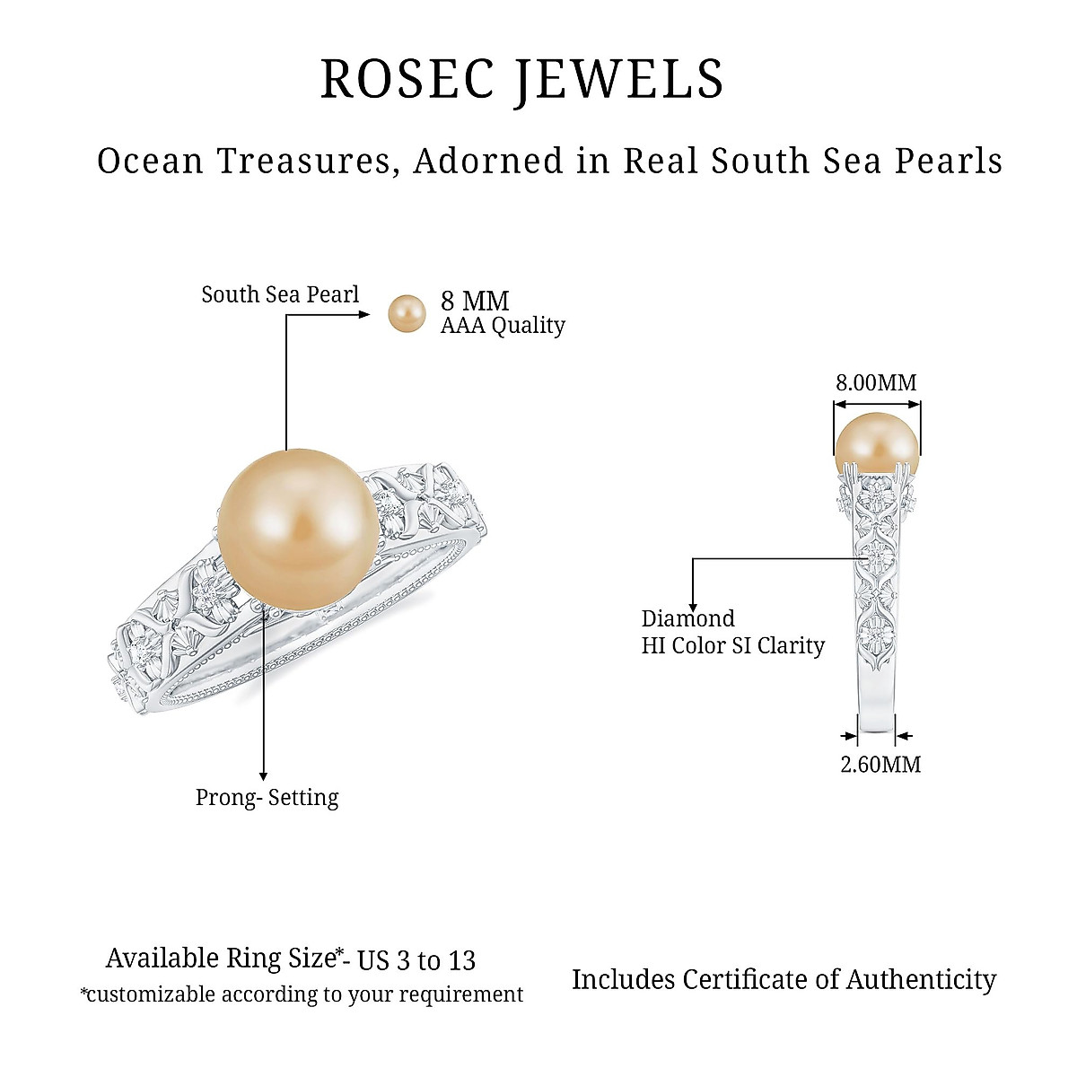 Rosec Jewels Natural Golden South Sea Pearl Solitaire Ring, Handpicked Certified 8MM Pearl Engagement Ring For Women, AAA Quality, 14K White Gold, Size:US 8.00