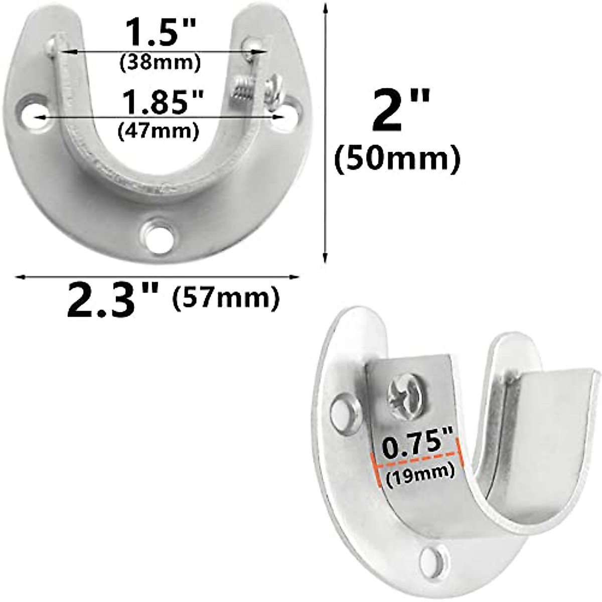 2Pcs 1-1/4" (32mm) Closet Rod Bracket with Screws, Stainless Steel U-Shaped Closet Rod End Support Flange Rod Holder, Silver