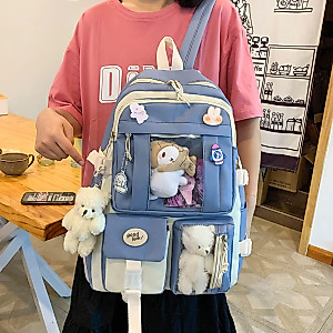 Preppy Backpack, Kawaii Backpack with Kawaii Pin And Accessories for Girls School Cute Aesthetic Backpack (Blue)