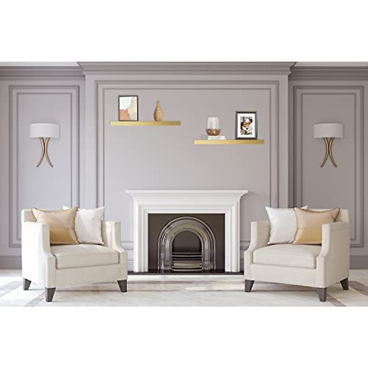 Floating Shelves, Wall Mounted Shelves, 24-Inch Wall Shelves for Living Room Decor, Bedroom, Office, Kitchen, Bathroom, Modern White Shelf With Invisible Brackets, Set of 2 (Gold)