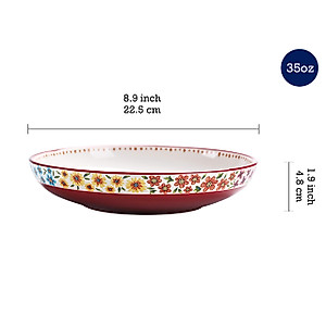 Bico Red Spring Bird Ceramic Pasta Bowl, Set of 5(1 unit 214oz, 4 units 35oz), for Pasta, Salad, Microwave & Dishwasher Safe