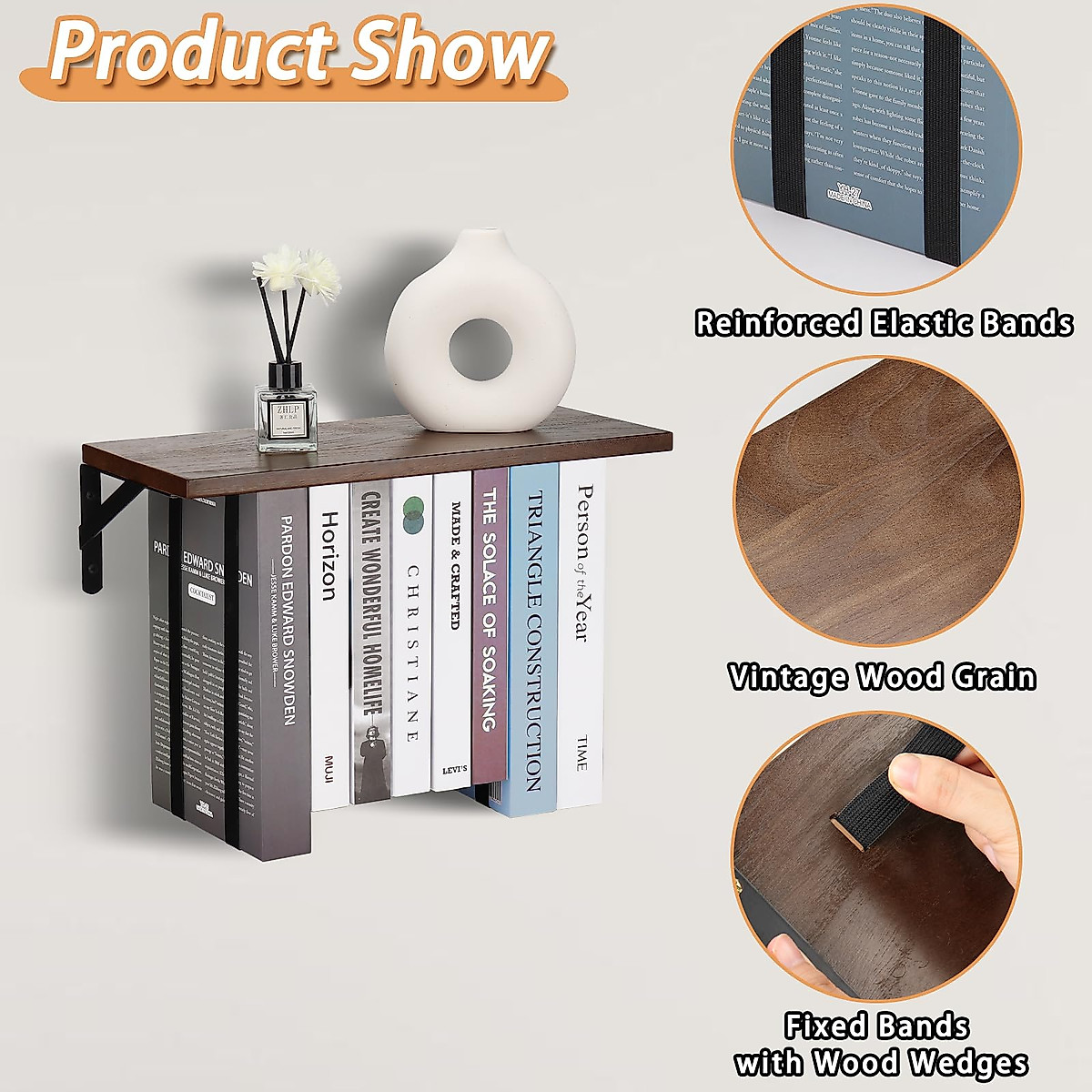 Outink Floating Book Shelves for Wall, Multi-Function Space Saving Wall Bookshelf, Unique Wooden Hanging Bookshelf for Bedroom Living Room Decor & Storage, 16" x 7" (2 Packs, Dark Brown)