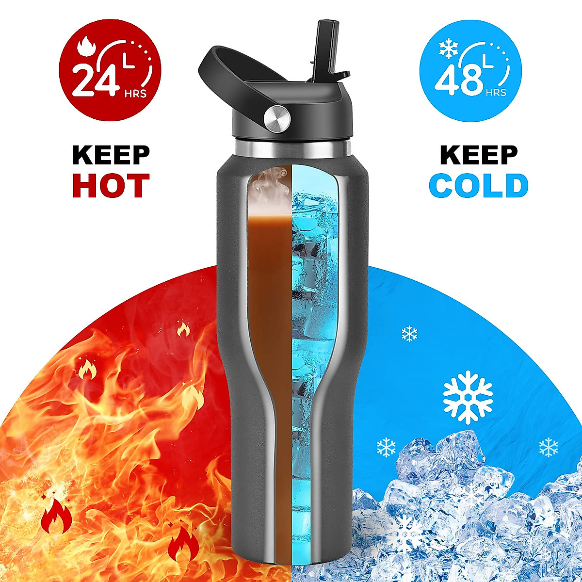 HYDROWION 32oz Stainless Steel Water Bottle(Cold for 48 Hrs, Hot for 24 Hrs),Double Wall Vacuum Insulated Water Bottle with Straw Lid, Spout Lid and Flex Cap, Fit in Any Car Cup Holder,Black