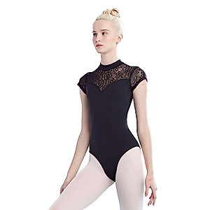 Daydance Black Teen Girls Dance Leotards Lace Turtleneck Ballet Bodysuit