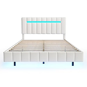 Merax Floating LED Platform Bed, Queen Size Upholstered Wood Bed Frame with LED Lights and USB Charging, Wood Slat Support, No Box Spring Needed, Easy Assembly, White/PU