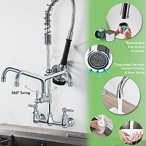 HYAHDEN Commercial Faucet with Pre Rinse Sprayer, 8 Inch Wall Mount Faucet for 3 Compartment Sink, Commercial Faucet Restaurant Kitchen Faucet with 12” Spout, 35" Height, Industrial, Chrome, Brass