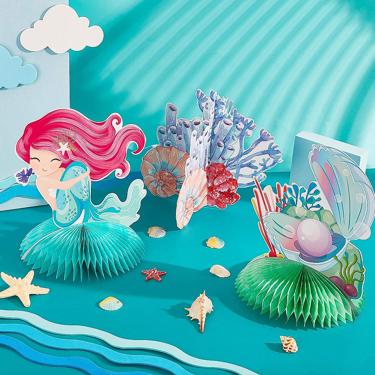 10 Pieces Mermaid Table Decorations Mermaid Honeycomb Centerpieces Ocean Sea Animal Honeycomb Centerpiece Under The Sea Party Decoration Supplies for Mermaid Theme Birthday Baby Shower Wedding Party
