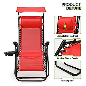 Magshion Zero Gravity Chair with Canopy Set of 2, Reclining Outdoor Patio Lounge Chair, Folding Anti Gravity Recliner, Portable Lounger with Removable Cup Holder Side Tray and Pillow Headrest (Red)
