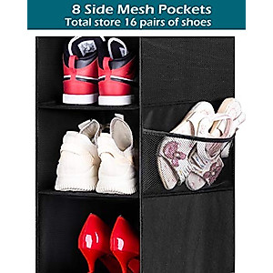 AOODA 8-Shelf Hanging Shoe Rack for Closet Organizer with 8 Mesh Side Pockets Wide Hanging Shoe Storage Holder For Hat, Clothes, Handbag, Black