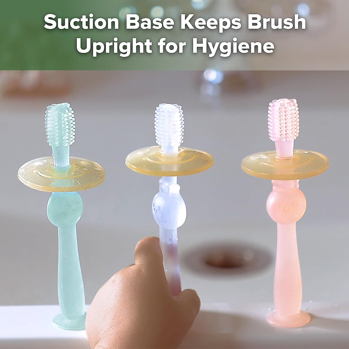 haakaa 360° Baby Toothbrush with Suction Base - Gentle Cleaning for Infant Self-Brushing Training, Food-Grade Silicone, Adjustable Safety Shield - Translucent (1 Piece)