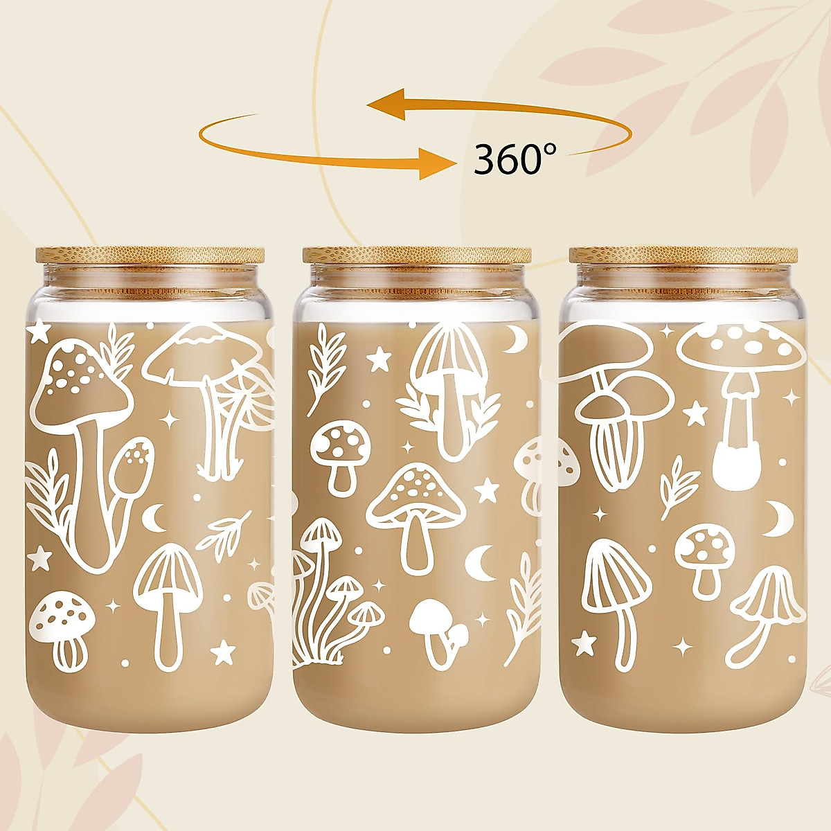 GSPY Mushroom Cup, Mushroom Gifts, 16oz Glass Coffee Cups with Lids and Straws - Cute Mushroom Stuff, Cute Mugs Aesthetic, Mushroom Mug Tumbler - Drinking Glasses, Mothers Day Gifts for Women