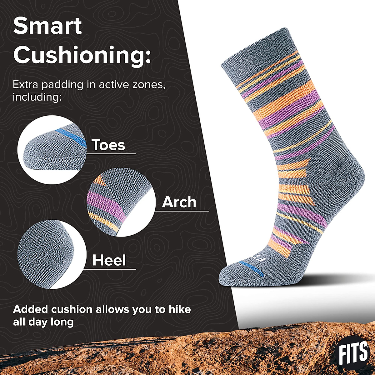 FITS Medium Hiker Crew Sock for Men and Women, Merino Wool, Cushion, Breathable, Odor Resistant, Lightweight Hiking Sock, Coal, Medium