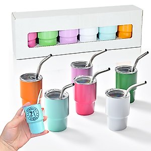 CUPITUP 3oz Mini Tumbler Shot Glass With Straw and Lid, Set Of 6 Mixed Colors Stainless Steel Blank Sublimation Mini Shot Glass Tumblers 3oz for Wedding Birthday Bachelorette Party Favors