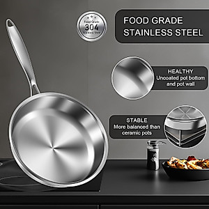 FALESOUL Tri-Ply Stainless Steel Frying Pan, 10 inch Skillet with Lid, Stainless Steel Uncoated Cooking Pan, Kitchen Egg Skillet, Dishwasher and Oven Safe, Heavy Duty and Detachable Handle