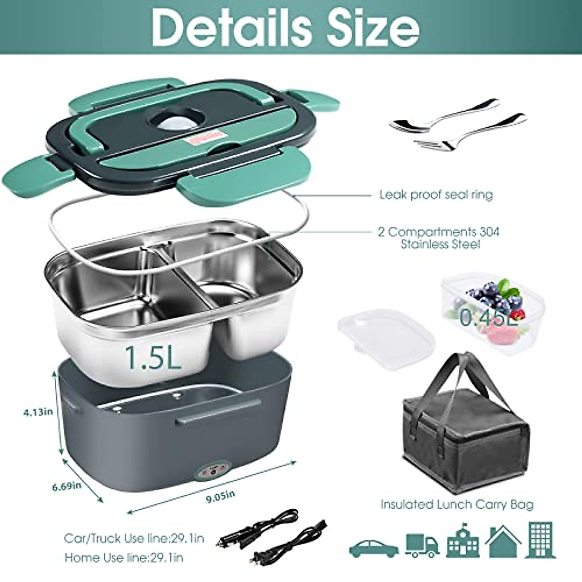 Electric Lunch Box 60W Food Heater, Upgraded 2 Compartments Portable Heated Lunch Box for Car Truck Adults Work Travel, Leak Proof, Self Heating Lunch Box with 1.5L 304 SS Container, 110V/220V/12V/24V