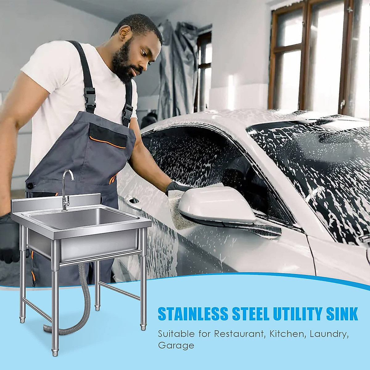 Stainless Steel Commercial Kitchen Sink Single Bowl 1 Compartment with Faucet Free Standing Utility Sink for Restaurant Kitchen Laundry Garage Indoor Outdoor (23.6"W x 23.6"D x 31.5"H)