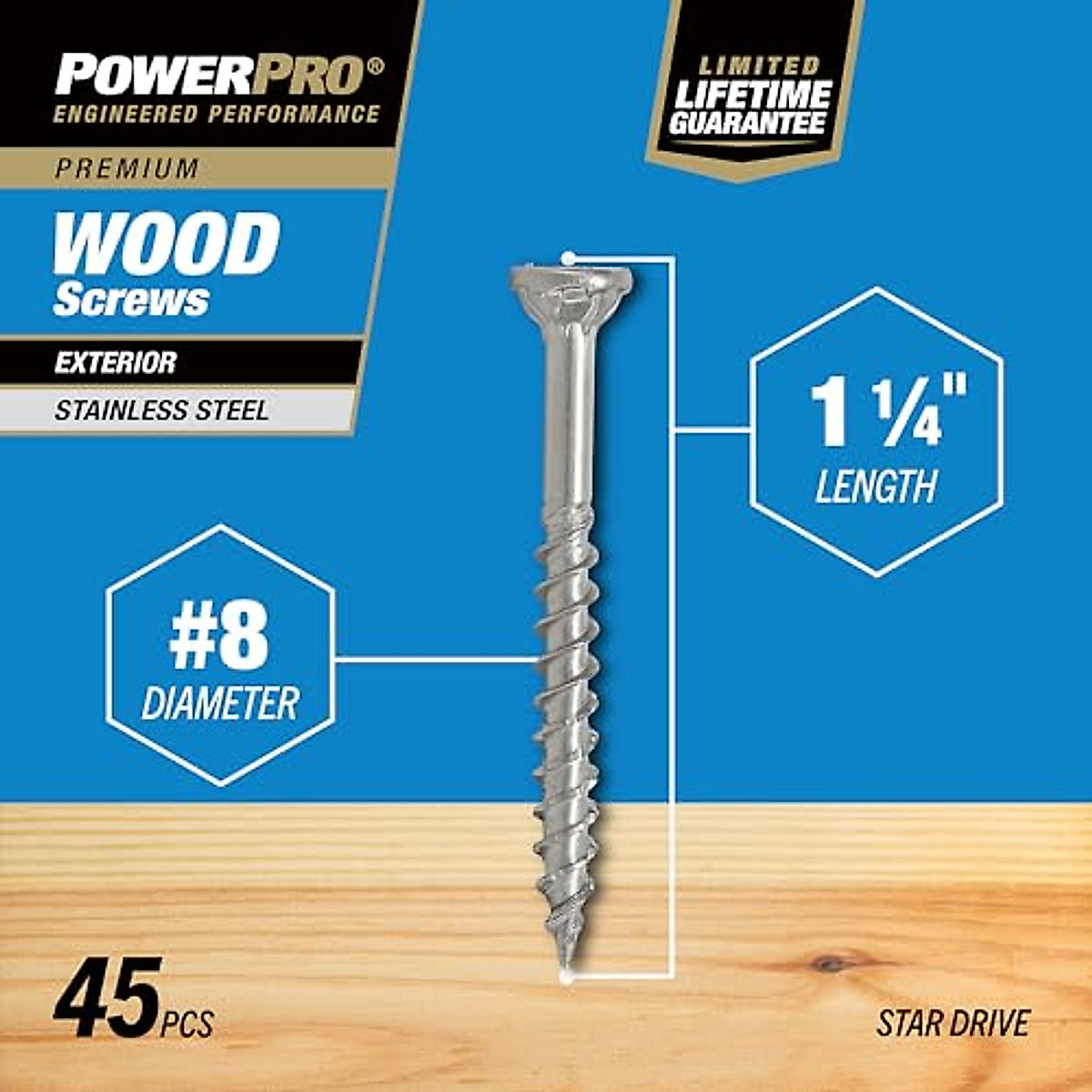 Power Pro Premium 305 Stainless Steel Wood Screws (#8 x 1-1/4") - 45pc
