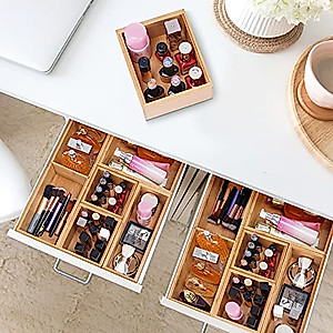 Fabsome Bamboo Drawer Organizer Box Set, 5 Individual Storage Containers for Makeup Utensil, Drawer Organization for Kitchen, Vanity, Dresser, Pantry, Garage, Office