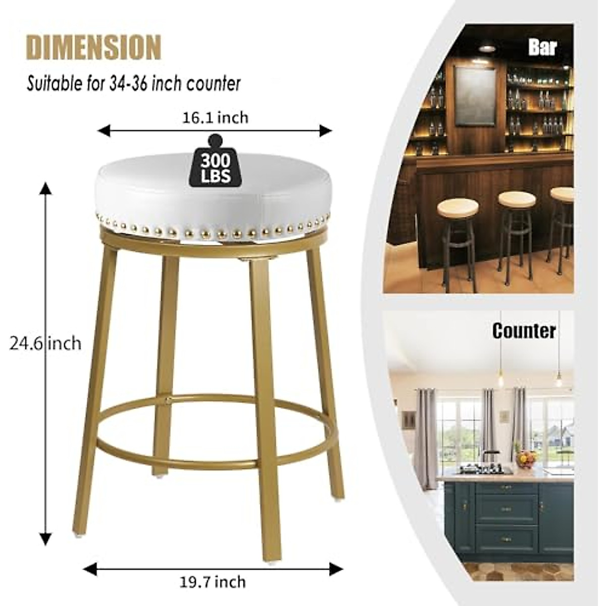 FLYZC White & Gold Bar Stools Set of 2 Counter Height 24 Inches Swivel Bar Stools for Kitchen Counter Island Backless Modern Gold Barstools Upholstered Faux Leather Round Counter Stools, White+Gold